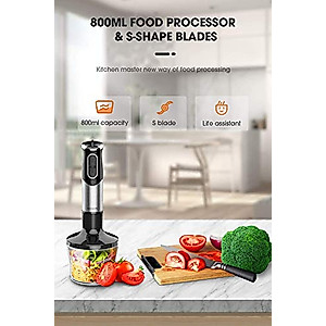 KOIOS 800W Immersion Hand Blender, Multifunctional 5-in-1 Low Noise Stick Mixer, 9-Speed, Stainless Steel, Titanium Plated Blade, includes 600ml Mixing Beaker, 800ml Chopper, Whisk Attachment, and Milk Frother