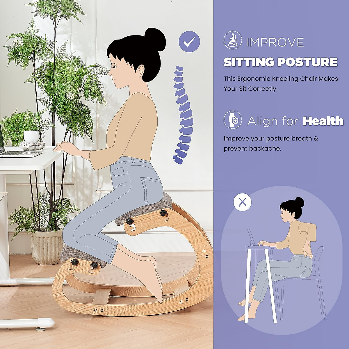 MoomJiee Ergonomic Kneeling Chair,Adjustable Rocking Knee Chair for Home Office,Wooden Office Chair for Back Pain Relief,Grey