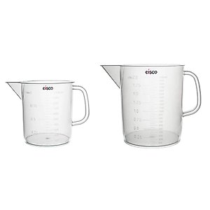 EISCO 2pcs Plastic Pitcher Set, 1000mL & 2000mL (1L & 2L) - Short Form, Euro Design - Molded Graduations - Chemical Resistant & Autoclavable Polypropylene - Measuring Jug