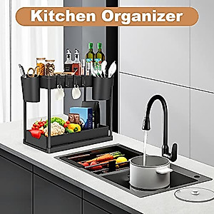 Under Sink Organizers And Storage 2 Pack Under Sink Organizer Under Sink Storage for Bathroom 8 Hooks And 4 Hanging Cups, The Bottom is Pull-Ou Tstorage, Suitable for Kitchen, Bathroom, Study Black