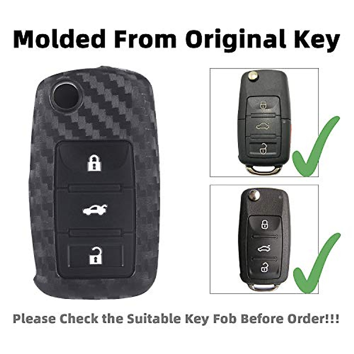 iSaddle for VW Key Fob Cover - Carbon Fiber Pattern Car Key Fob Protector for Volkswagen GTI Golf Passat Rabbit Beetle MK6 Tiguan Touran Antitheft Keyless Entry Holder Smart Key Case/w Keychain