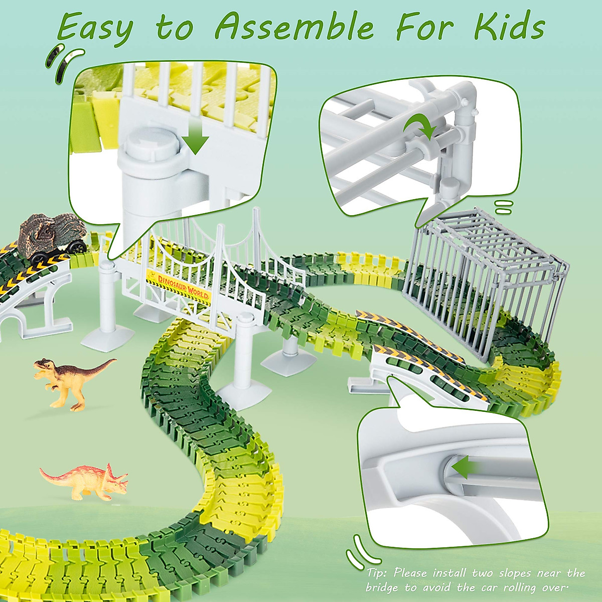 Batlofty Dinosaur Toys Race Track, Flexible Track Playset, Create A Dinosaur World Road Race with 1 Dinosaur Car and 6 Dinosaur Toys for 3 4 5 6 7 Year Old Boys Girls Birthday Gifts