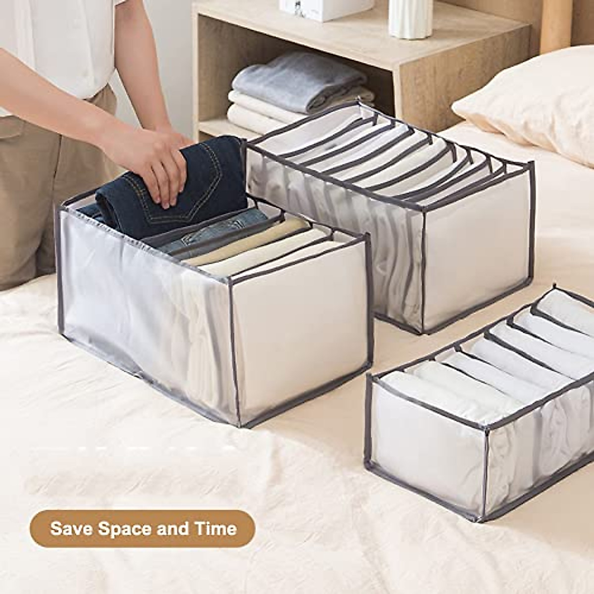 AfooBezos 4 Pcs 7 Grids Wardrobe Clothes Organizer, Mesh Jean Clothing Organizer, Foldable Leggings Organizer Bins, Visible Grid Storage Box for Bra, Underwear, Socks, Skirts, T-shirts