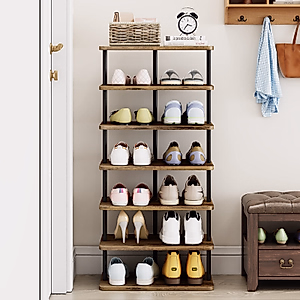 AZERPIAN Shoe Rack 7 Tier Vertical Storage Organizer Double Row Narrow Metal Slim Shelf Modern Free Standing Shoe Tower Saving Space for Closet Entryway Bedroom,Black+Rustic Brown