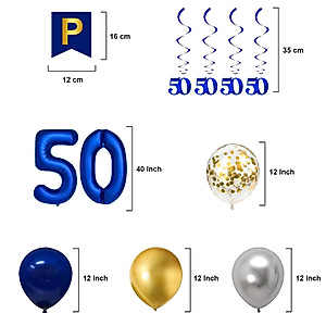 Blue and Gold 50th Birthday Party Decorations for Him Her, Happy Birthday Banner, Number 50 Foil Balloon, Navy Blue and Gold Birthday Decorations Supplies by BRT Bearingshui