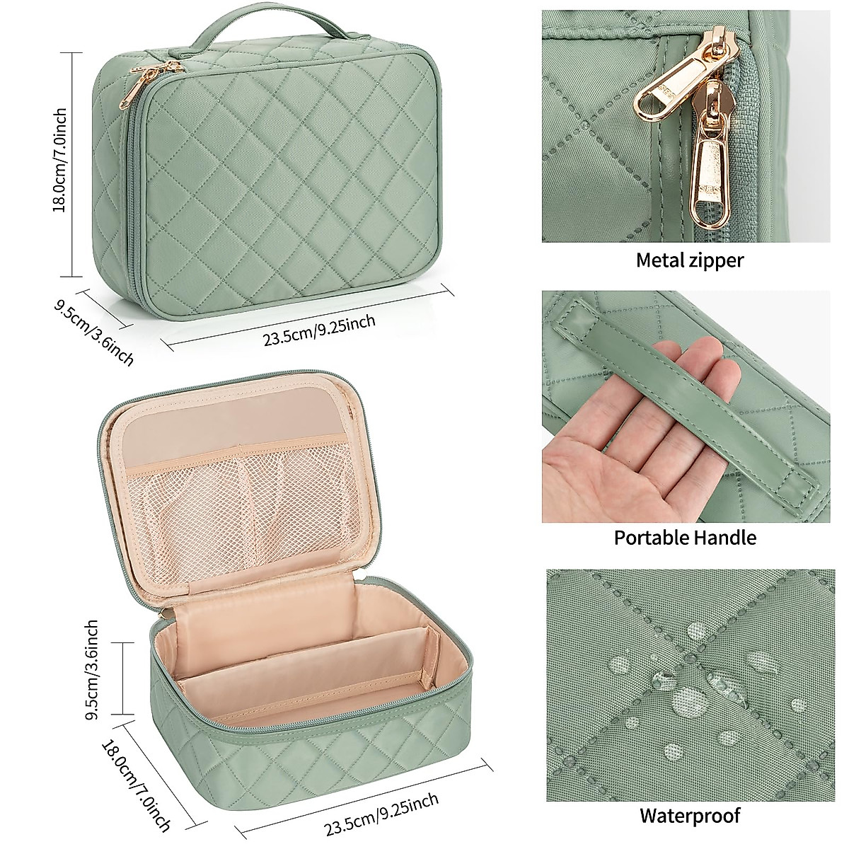 Makeup Bag, Potable Make up Bag Cute Makeup Organizer Bag for Toiletry Cosmetics Accessories with Divider and Brushes Compartments, Makeup Travel Case Cosmetic Bags Women and Girls- Nylon Green