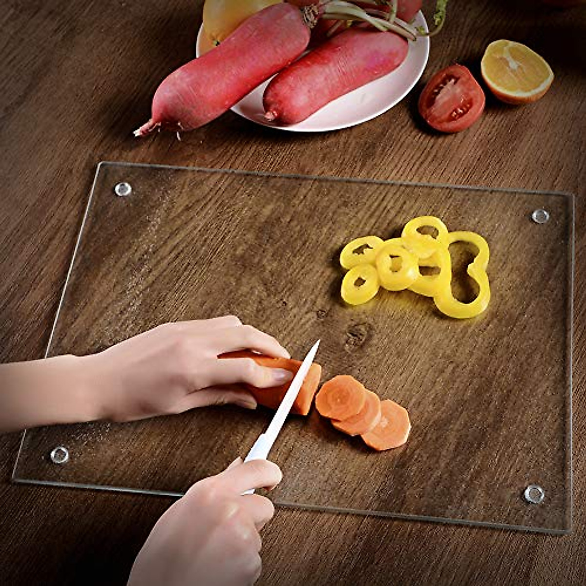 VASUHOME Tempered Glass Cutting Board Set of 2-16x12 inch Marble Pattern Chopping Board for Kitchen - Scratch, Heat, Shatter Resistant and Easy to Clean- Black(Gold) and Clear