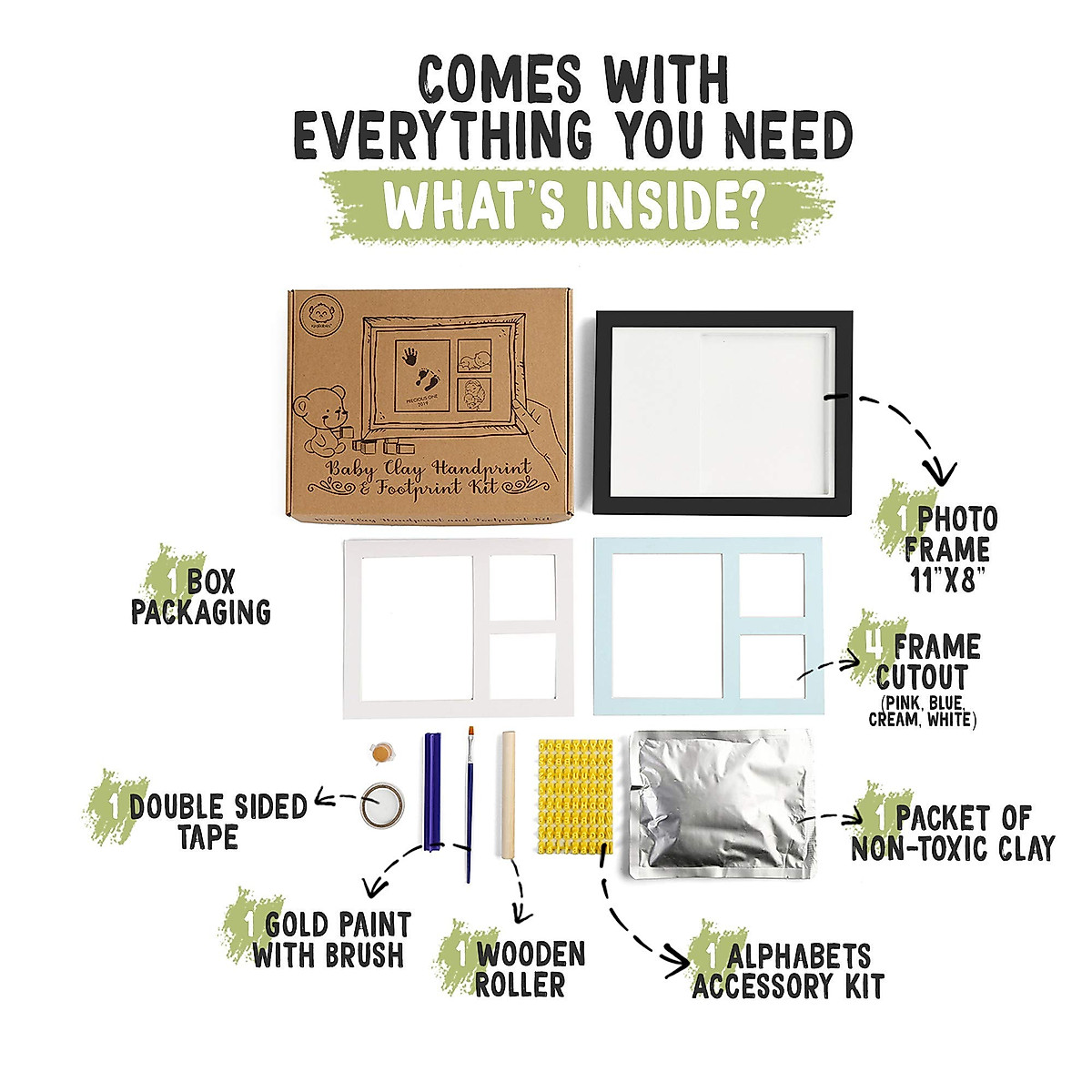 Newborn Baby Keepsake Set Bundle - Baby First 5 Years Memory Book & Baby Handprint Footprint Keepsake Photo Frame - Baby Nursery Art Kit and Journal For Baby Boys & Girls