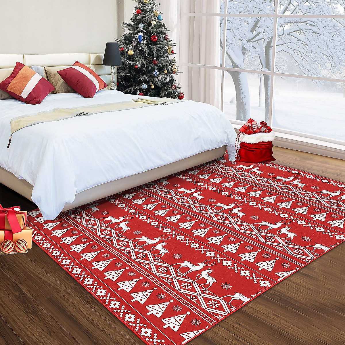 RUGSREAL Washable Christmas Area Rug Christmas Tree and Deer Boho Area Rugs Carpet Holiday Decorative Carpet Rug Velvet Foldable Coffee Table Accent Rug Farmhouse Dining Table Rug, 4' x 6'