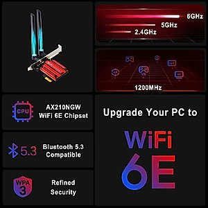 WiFi 6E AX210 WiFi Card，PCIe WiFi Wireless Network Card with Bluetooth 5.3，AX5400 Tri-Band PC Wireless Card，Supports OFDMA & MU-MIMO, Ultra-Low Latency, WPA3, Low-Profile Bracket, Windows 10/11