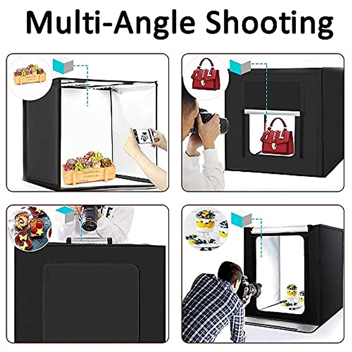 DUCLUS Portable Photo Studio Box 24" x 24", Adjustable Light Box with 120pcs SMD LED Beads, Photo Shooting Tent with White Light and 6 Color Background