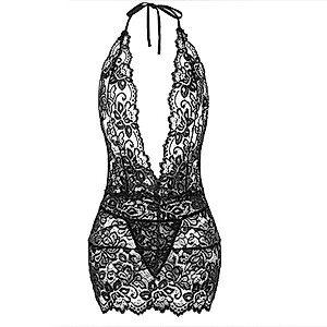 QuneusHot Women Sexy Lace Babydoll Dress Lingerie Plung V Halter Backless Nightgown Camisole Black L