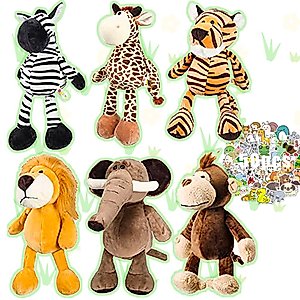 6 Pieces Plushies 11.8 inch Safari Stuffed Animals Plush Toy Set Lion Tiger Elephant Zebra Giraffe Monkey Animal Themed Parties Wild Animals Soft Plush Toys for Boys, Girls, Adults