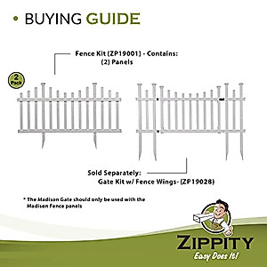 Zippity Outdoor Products ZP19001 No Dig Madison Vinyl Picket Fence, White, 30" x 56.5" (1 Box, 2 Panels), 1 x Pack of 2