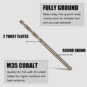 Hymnorq 40PC M35 Cobalt Steel Twist Jobber Small Drill Bits, 4 Sizes 3/64 Inch 1/16 Inch 5/64 Inch and 3/32 Inch, 135 Degree Pilot Split Point, Extremely Heat Resistant, for Stainless Steel