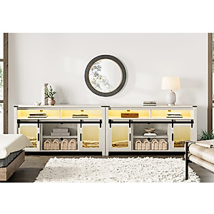 WAMPAT 2-in-1 TV Stand for 100+ Inch TV, Farmhouse & Industrial Media Entertainment Center w/Sliding Mesh Doors, Rustic TV Console w/Storage Shelves&Yellow LED Lights for Living Room, Antique White