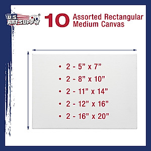 U.S. Art Supply Professional Quality Stretched Canvas, Multipack of 10 Medium Sizes, 2 Each 5x7, 8x10, 11x14, 12x16, 16x20 Inches - 12-Ounce Primed, 3/4", 100% Cotton - Painting, Acrylic Pouring, Oil
