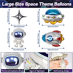 HJINGY Outer Space Party Decorations, Space Themed Party Supplies Include Space Balloons, Backdrop, Galaxy Banner, Hanging Swirls, Tablecloth, Plates, Cups, Cake Toppers for Space Birthday Decorations