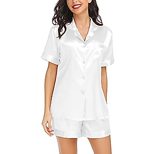 SWOMOG Couple Matching Pajamas Set Satin Short Sleeve Sleepwear Silky Pj Set for Women Button-Down Two-Pieces Nightwear