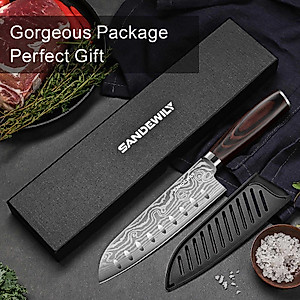 SANDEWILY 7 Inch Japanese Santoku Knife - Ultra Sharp 7Cr17Mov Kitchen Chef Knife with Sheath,High Carbon Stainless Steel Blade,Ergonomic Handle Gift Box for Home Outdoor Cooking