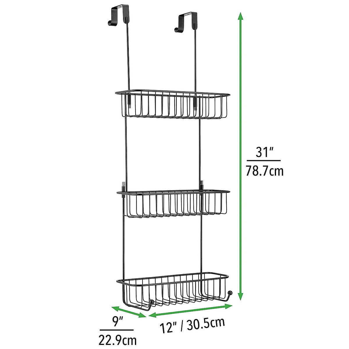 mDesign Extra Large Metal Over Shower Door Caddy, Hanging Bathroom Storage Organizer Center with Built-in Hooks and Baskets on 3 Levels for Shampoo, Body Wash, Loofahs - Black