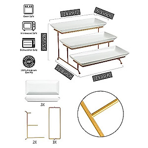 Large 3 Tier Serving Stand Tiered Serving Trays Collapsible Sturdier Rack with 3 Porcelain Serving Platters for Fruit Dessert Presentation Party Display Set, 14 Inch
