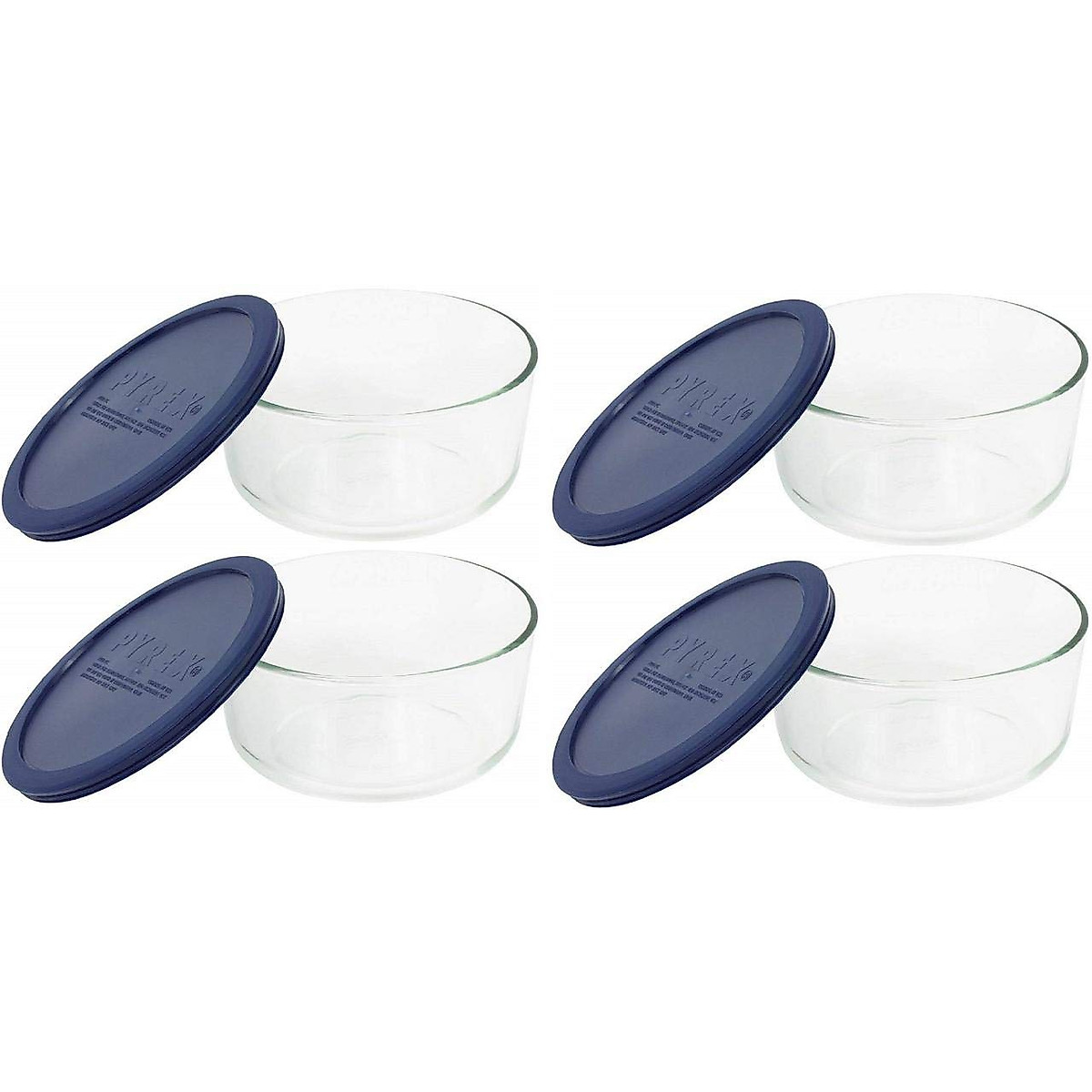 Pyrex Storage 4-Cup Round Dish with Dark Blue Plastic Cover, Clear (Pack of 4 Containers)