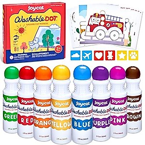 JoyCat Washable Dot Markers for Kids,8 Colors 2.1 fl.oz Non Toxic Dot Paint Markers with 123 PDF &10 Physical Activity Papers,6 Stencils,Bingo Daubers for Toddler 3+,Ideal Arts and Crafts Supplies