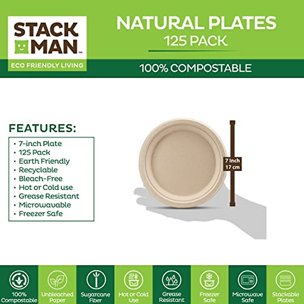 Paper Plates, 100% Compostable Heavy Duty, Disposable 7 Inch, Small Dessert Plate - [125-Pack] - {PFAS-Free} - {BPI Certified} Eco-Friendly, Biodegradable Bagasse Natural Brown 7" Small Plates