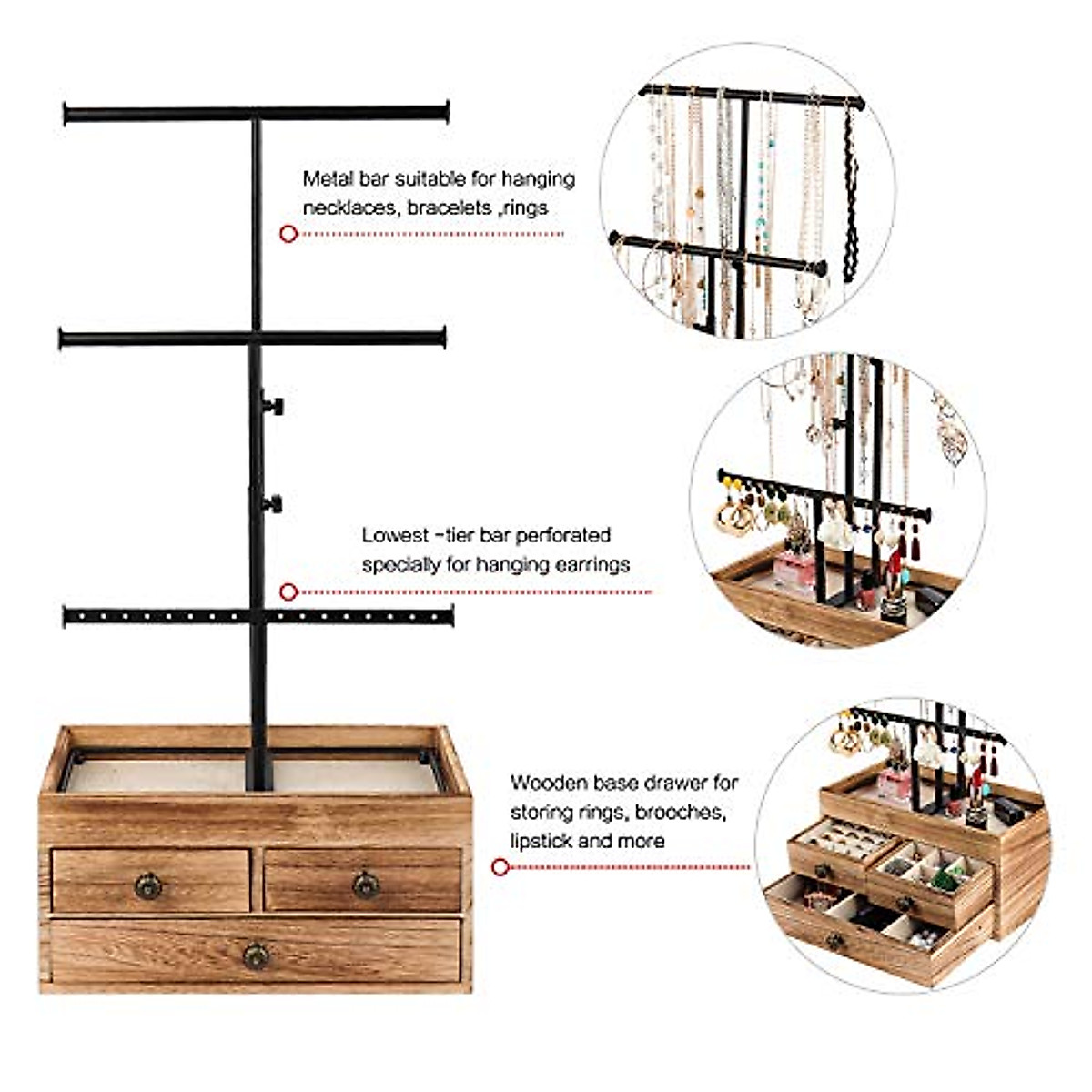 X-cosrack Jewelry Tree Stand Organizer 3 Tier Metal Jewelry Holder Stand with Wood Basic Storage Box, Adjustable Height Holder Display for Necklaces Earrings Bracelets and Rings, Carbonized Black