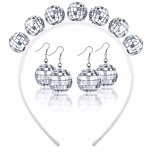 Hicarer 1970s Disco Ball Costume Set 2 Pairs Disco Ball Earrings and 1 Pcs Disco Ball Headband, 70s Vintage Disco Party Outfit Set for Women Costume Party Accessories(Classic Style)