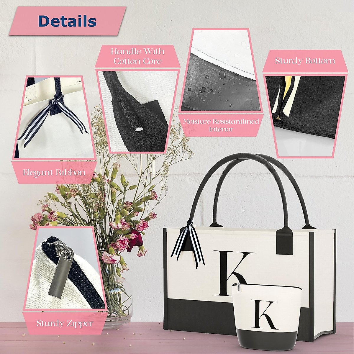 OATALY Monogrammed Canvas Tote Bag with Zipper Pockets - Ideal Gift for Mom, Teacher, Sister