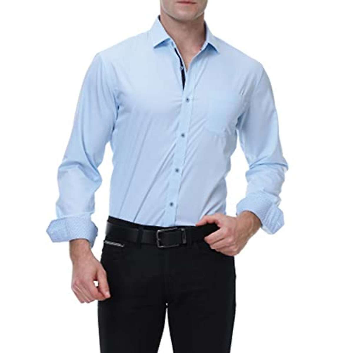 Maiyifu-GJ Men's Casual Wrinkle Free Dress Shirt Bamboo Fiber Button Down Shirts Solid Slim Fit Long Sleeve Shirts (Blue,Large)