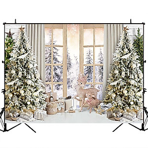 Avezano 10x8ft Christmas Backdrop Xmas Tree Christmas Window Snow Scene Photography Background Winter Holiday Family Portrait Kids Newborn Portraits Backdrops Photo Studio Props
