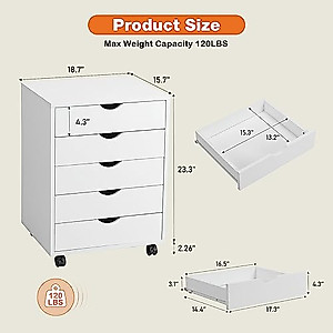 Sweetcrispy 5 Drawer Chest - Storage Cabinets Dressers Wood Dresser Cabinet with Wheels Mobile Organizer Drawers for Office, Bedroom, Home, White