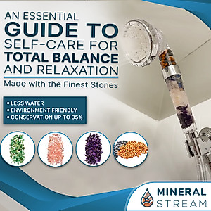 MineralStream Chakra Showerhead Kit with Replacement Beads + Natural Therapeutic Crystals + Shower Arm Diverter + 1.5m Hose | For Luxurious Spa like Experince