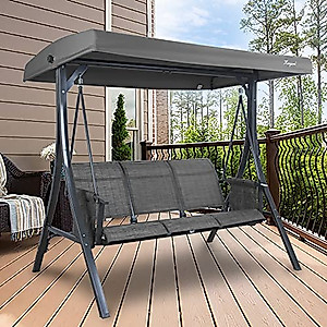 Kozyard Brenda 3-Seat Patio Swing Chair, Outdoor Porch Swing Glider with Adjustable Canopy, Side Pouches, Breathable Seat and Back, for Garden, Poolside, Backyard (Gray)