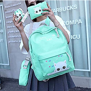 hainan Cat Backpacks Set for Teenage Girls and Student Kitty Printing Bookbag Cute School Bags Teen Girls 4 pcs for One Set Green one size