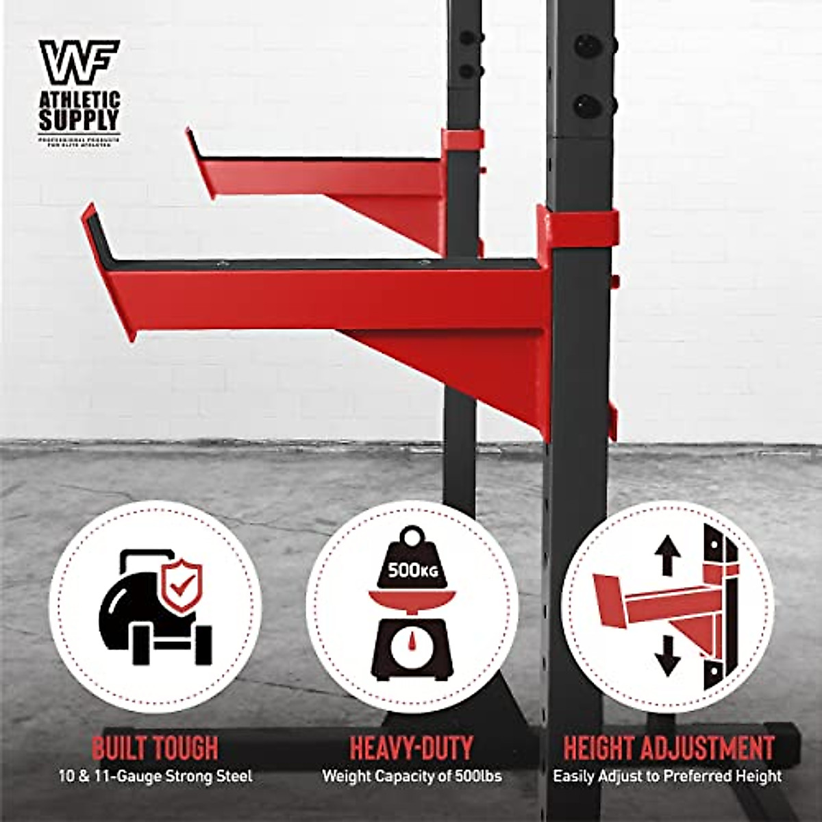 WF Athletic Supply Squat Stand with J-Hooks & Pull up bar, Bench Press Rack for Full Body Strength Workout; Safety Spotter Arms, Plate Holder & Half Rack Conversion Kit Attachments Available