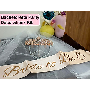 JETKONG 3 Pcs Bachelorette Party Decorations Bridal Shower Crown, Bride to Be Sash&Veil for Women Bachelorette Party Gifts, Bachelorette Party Supplies, Gifts, Favors (Rose Gold)