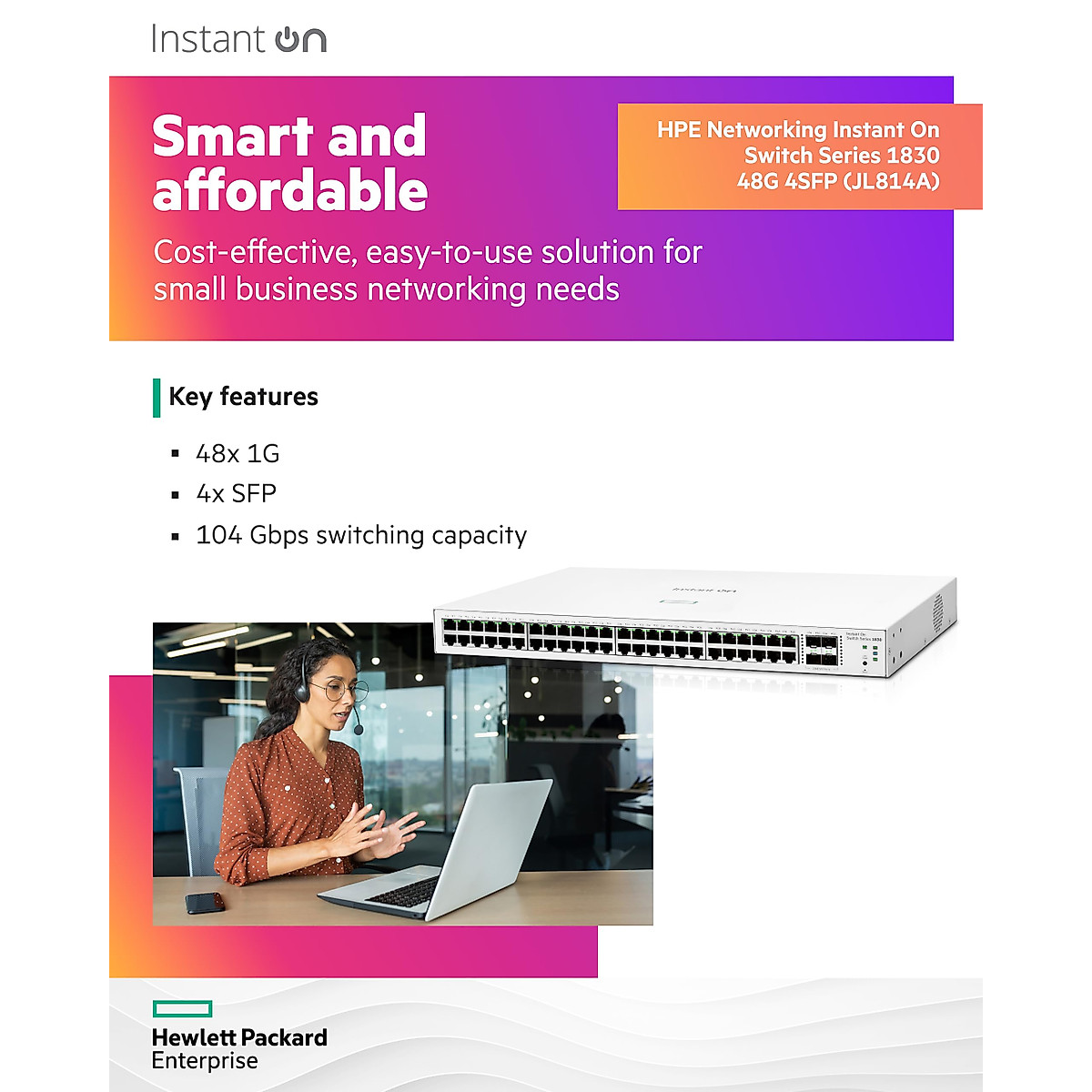 HPE Networking Instant On Switch Series 1830 48-Port Gb Smart-Managed Layer 2 Ethernet Switch | 48x 1G | 4X SFP | Fan-Less | US Cord (JL814A#ABA)
