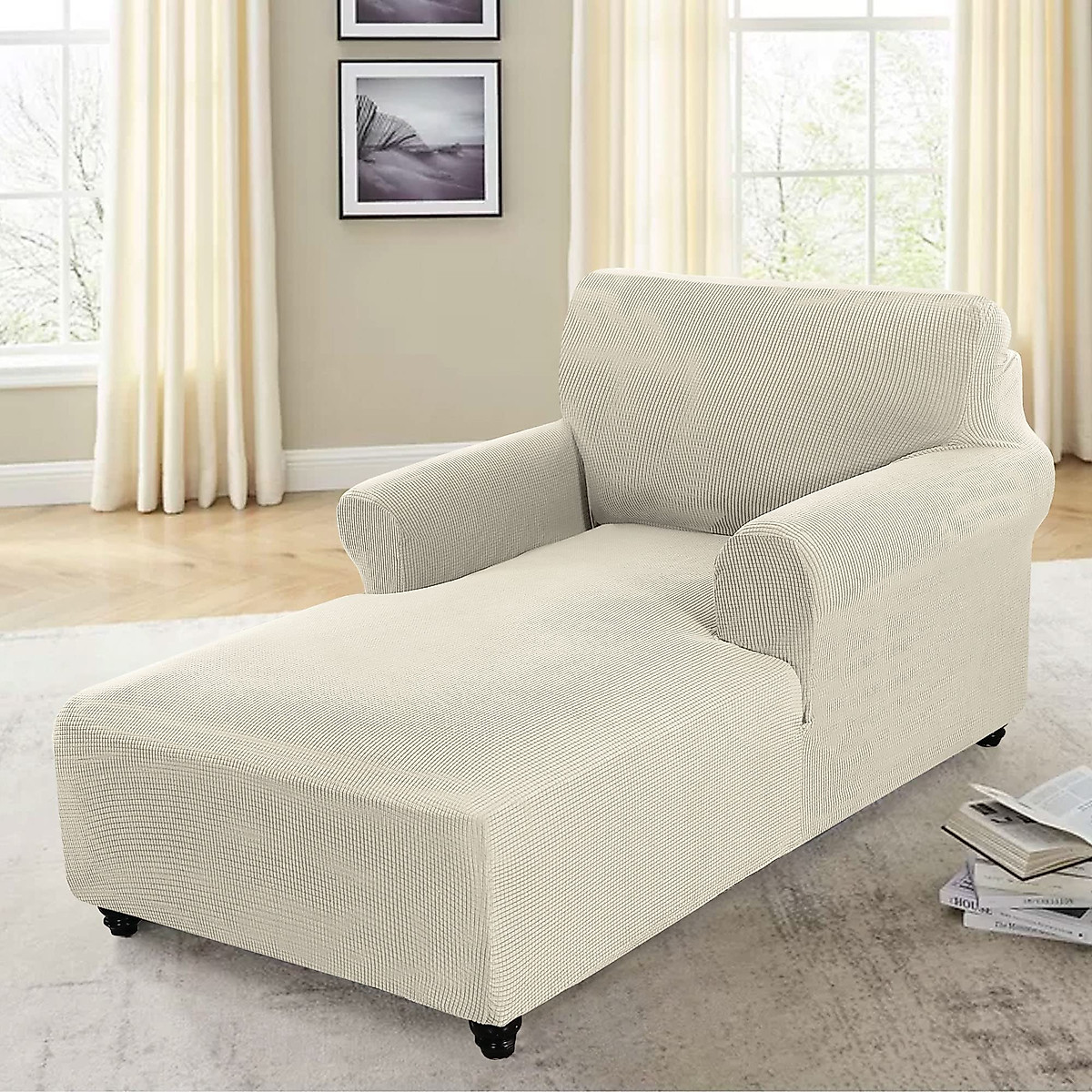 FantasDecor Chaise Lounge Cover Stretch Chair Lattice Slipcover with Armrests for Living Room Bedroom Double Arm Soft Jacquard Fabric Machine Washable, Beige