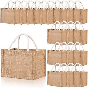 Cunno 24 Pcs Burlap Tote Bag Mini Jute Reusable Bag with Handles Small Blank Canvas Gift Bag Waterproof for Wedding Beach DIY(Simple)