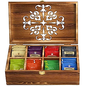 Coloch Wooden Tea Bag Storage Box with Carved Lid, 8-Compartment Tea Chest Organizer Spice Packets Container for Living Room, Kitchen, Office, Home Decor