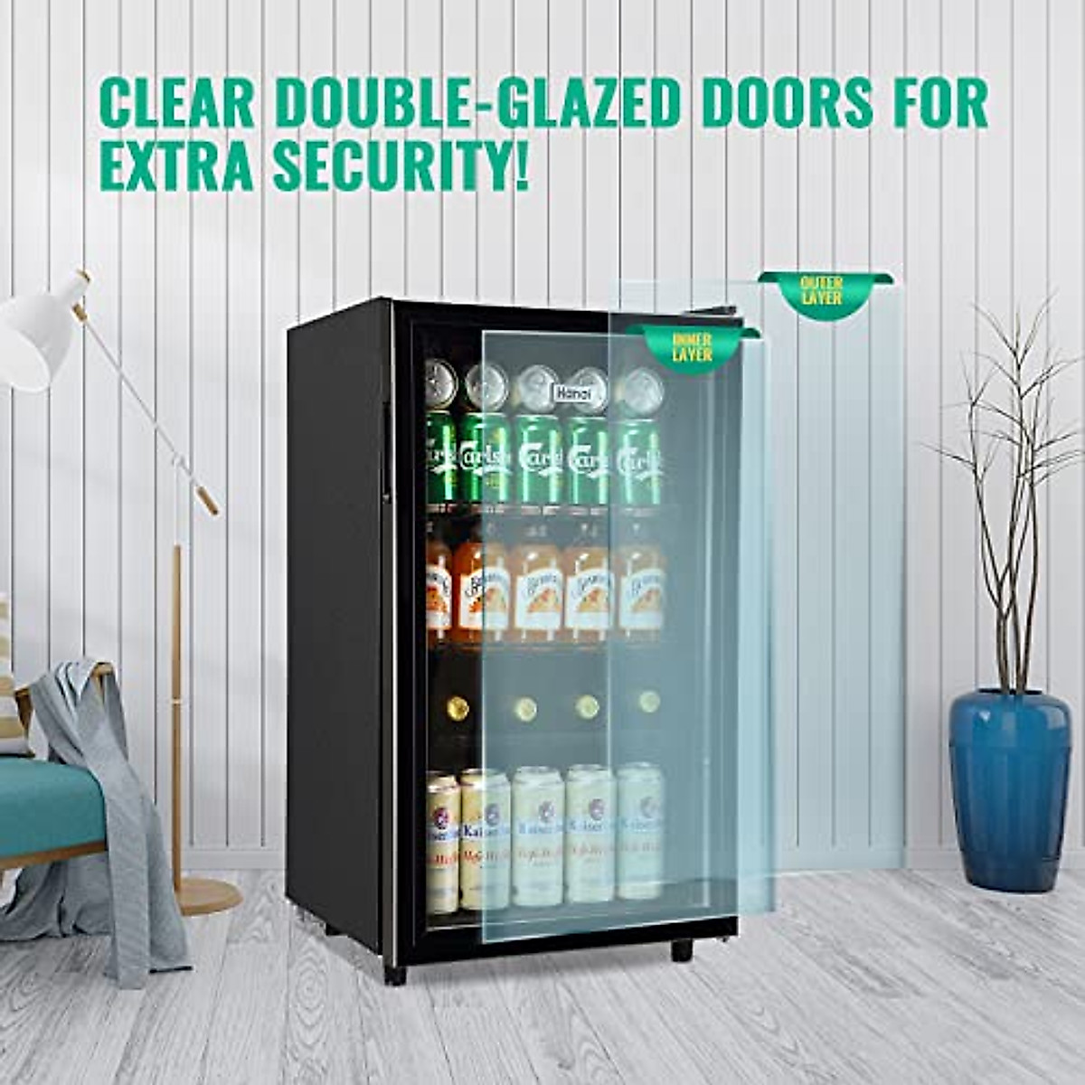 WANAI Beverage Refrigerator 125 Can Mini Fridge Cooler Black Mini Beer Fridge Glass Door for Wine Soda Juice Small Drink Cooler Machine Clear Front Removable for Home Office Bar Freestanding