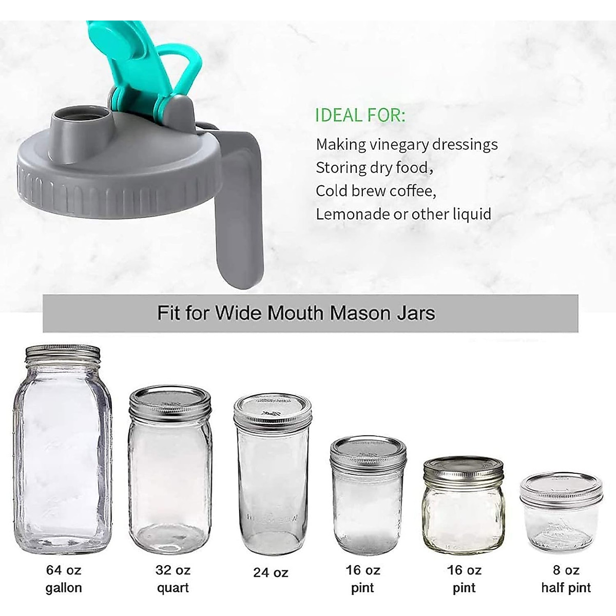 Wide Mouth Mason Jar Pour Spout Lids with Handle Reusable Plastic Flip Cap Lid,Leak-proof Airtight Seal Black, 86mm (Jar Not Included)