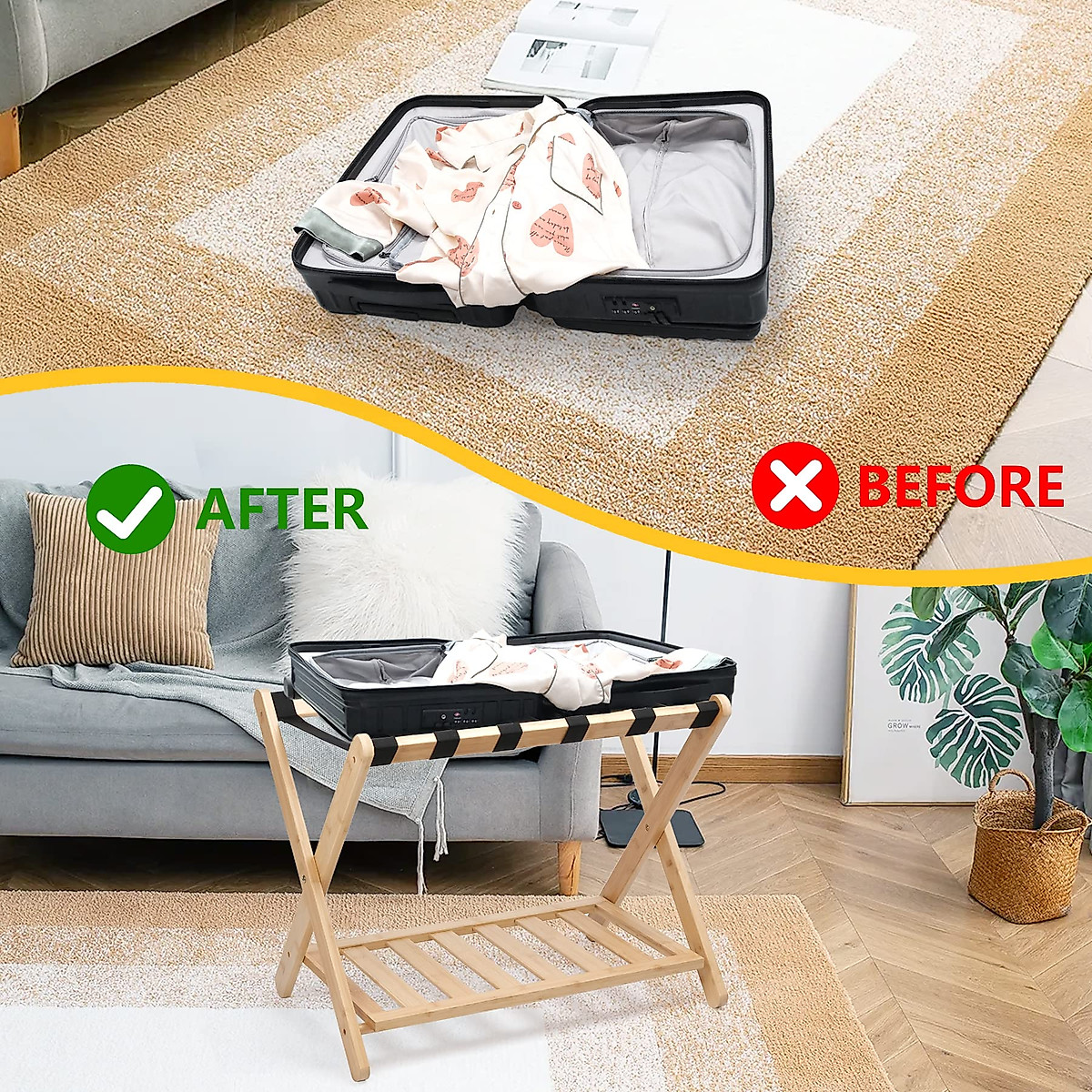 BAIDE PACK Wood Luggage Rack Stand for Guest Room, Folding Suitcase Holder Stand with 6 Support Straps for Home Bedroom Travel, Bamboo