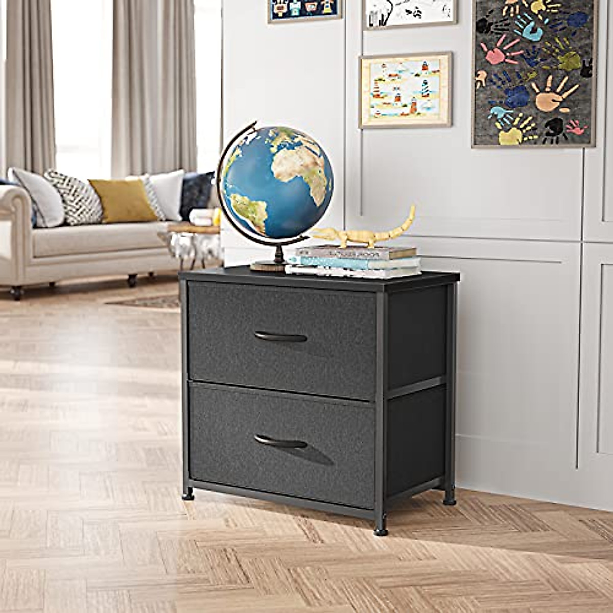 CubiCubi Dresser Nightstand for Bedroom, Small Kids Bedroom Fabric Tall Dresser 2 Drawer Storage Tower Organizer Unit for Hallway Entryway Closets, Steel Frame Wood Top, Black Grey
