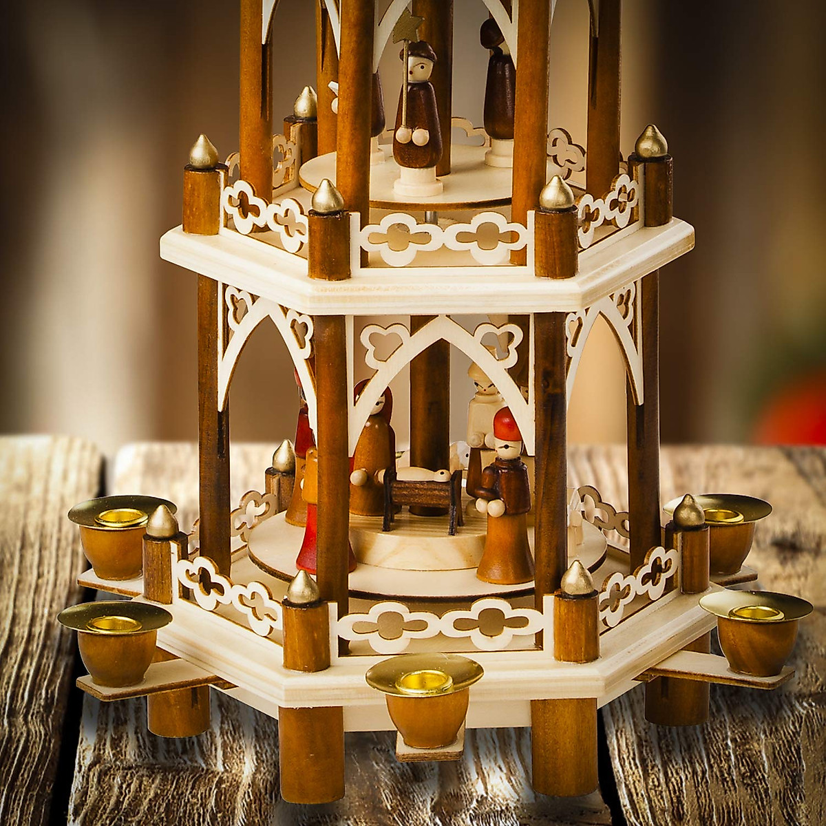German Christmas Decoration Pyramid - 21 Inches - Wood Nativity Scene Set - Under The Christmas Tree and Table Top Holiday Decor - Nativity Play 3 Tiers Carousel with 6 Candle Holders - German Design