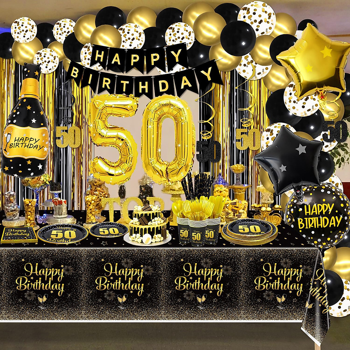 50th Birthday Decorations - Black and Gold Party Decorations, Black Gold Balloons, Banner, Plates, Napkins, Cups, Tablecloth, Birthday Party Supplies for Women and Men, Serve 20